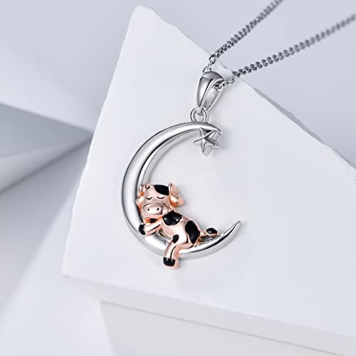 URONE Cow Necklace Sterling Silver Cow Moon Pendant Cute Cow Animal Jewelry Gifts for Women Girls