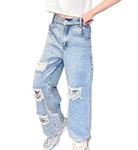 kids girls' casual wide leg baggy ripped jeans cool loose fit distressed denim pants size 5-14 years(blue1,12-13 years)