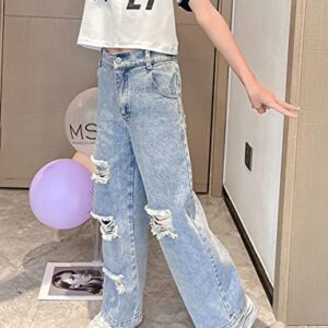 Kids Girls' Casual Wide Leg Baggy Ripped Jeans Cool Loose Fit Distressed Denim Pants Size 5-14 Years(Blue1,12-13 Years)