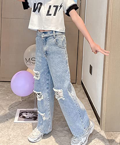 Kids Girls' Casual Wide Leg Baggy Ripped Jeans Cool Loose Fit Distressed Denim Pants Size 5-14 Years(Blue1,12-13 Years)