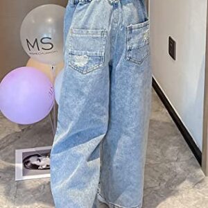 Kids Girls' Casual Wide Leg Baggy Ripped Jeans Cool Loose Fit Distressed Denim Pants Size 5-14 Years(Blue1,12-13 Years)