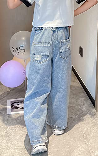 Kids Girls' Casual Wide Leg Baggy Ripped Jeans Cool Loose Fit Distressed Denim Pants Size 5-14 Years(Blue1,12-13 Years)