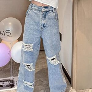 Kids Girls' Casual Wide Leg Baggy Ripped Jeans Cool Loose Fit Distressed Denim Pants Size 5-14 Years(Blue1,12-13 Years)