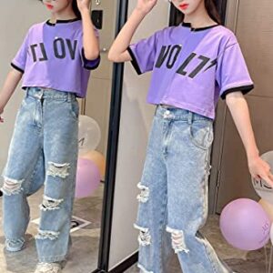 Kids Girls' Casual Wide Leg Baggy Ripped Jeans Cool Loose Fit Distressed Denim Pants Size 5-14 Years(Blue1,12-13 Years)