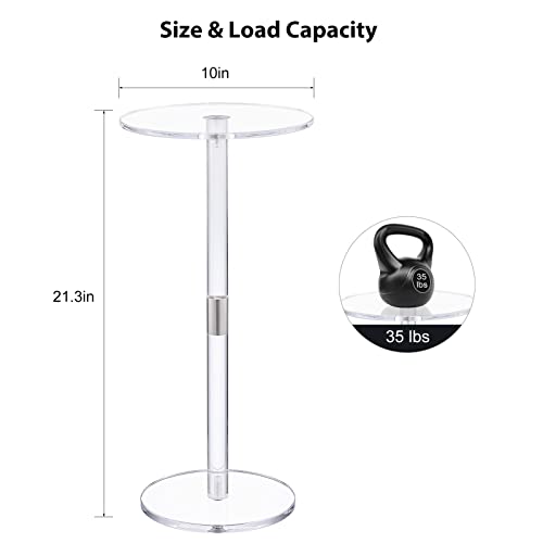 HMYHUM Acrylic Drink Table for Small Spaces, 10" L x 10" W x 21.3" H, Drink Side/End Table for Living Room, Round, Easy Assembly, Clear