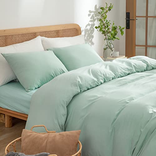 ERZRGA Sage Green Duvet Cover, 100% Washed Microfiber Twin Duvet Cover 3 Pieces Ultra Soft Lightweight Duvet Cover with Zipper Closure & Corner Ties, 1 Duvet Cover & 2 Pillowcases (Green, Twin)