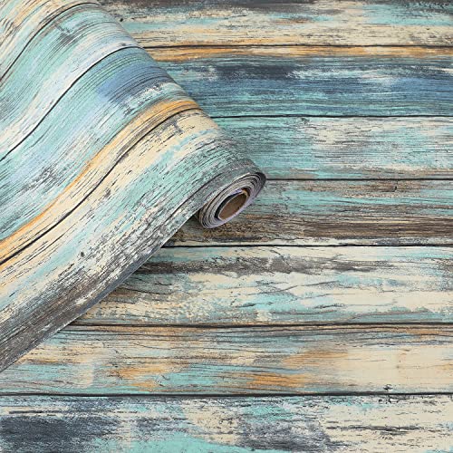 Dimcol Wood Contact Paper 15.7"x118" Self-Adhesive and Removable Wood Peel and Stick Wallpaper Blue Distressed Wood Grain Contact Papers for Cabinets Waterproof Wall Paper