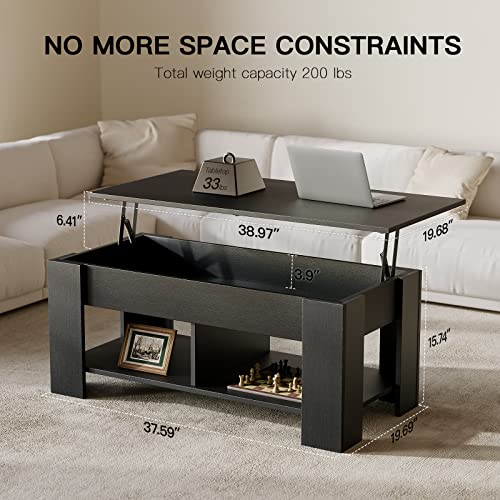 Totnz Lift Top Coffee Table, 39in Living Room Tables with Hidden Compartment and Storage Shelf, Solid Wood Coffee Table for Living Room (Black)