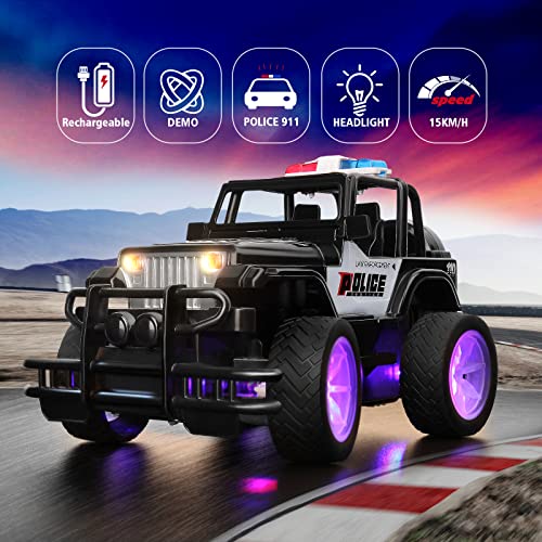 KULARIWORLD Remote Control Police Car Rechargeable RC Truck Toys for Kids Boys Girls 1:18 Auto Mode SUV Vehicle Racing Hobby with Headlight Christmas Birthday Gifts for Kid