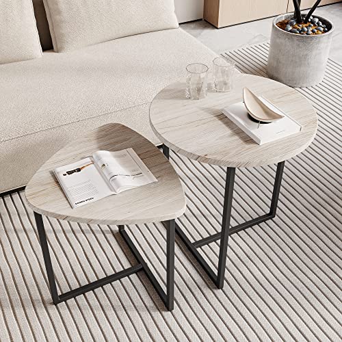 HOJINLINERO Round Coffee Table Set of 2 End Tables for Living Room,Black Small Coffee Table Living Room Table,Metal Frame with Wood Look,Sturdy and Easy Assembly,Stacking Side Tables Bedroom,White