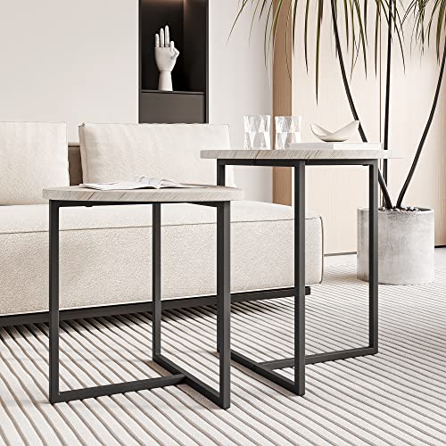 HOJINLINERO Round Coffee Table Set of 2 End Tables for Living Room,Black Small Coffee Table Living Room Table,Metal Frame with Wood Look,Sturdy and Easy Assembly,Stacking Side Tables Bedroom,White