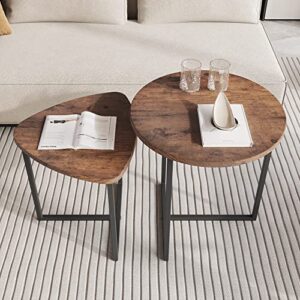 HOJINLINERO Round Coffee Table Set of 2 End Tables for Living Room,Black Small Coffee Table Living Room Table,Metal Frame with Wood Look,Sturdy and Easy Assembly,Stacking Side Tables Bedroom,Brown