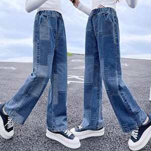 birbyrrly Girls Wide Leg Jeans Kids Baggy Elastic Waist Casual Denim Pants with Pockets Plaid Blue Tag 150-9-10 Years