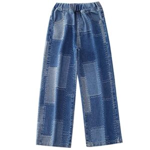 birbyrrly Girls Wide Leg Jeans Kids Baggy Elastic Waist Casual Denim Pants with Pockets Plaid Blue Tag 150-9-10 Years