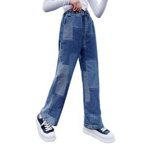 birbyrrly Girls Wide Leg Jeans Kids Baggy Elastic Waist Casual Denim Pants with Pockets Plaid Blue Tag 150-9-10 Years