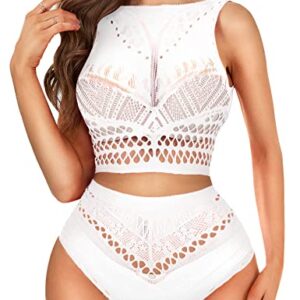 RSLOVE Womens Lingerie Set Sexy Fishnet Bodysuit Lace Babydoll 2 Piece Set One Size White