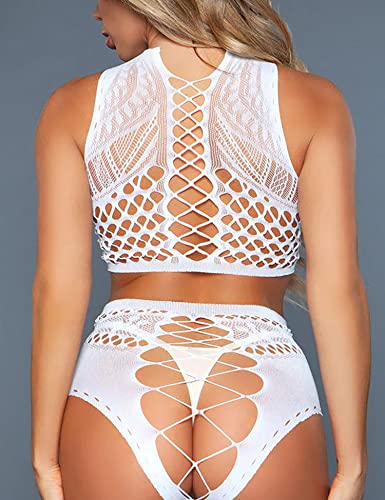 RSLOVE Womens Lingerie Set Sexy Fishnet Bodysuit Lace Babydoll 2 Piece Set One Size White