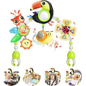 mihotoy baby stroller arch toy with teether, rattle, crinkle sound, mirror & music box, newborns sensory activity carrier take-along toy, adjustable for bouncers