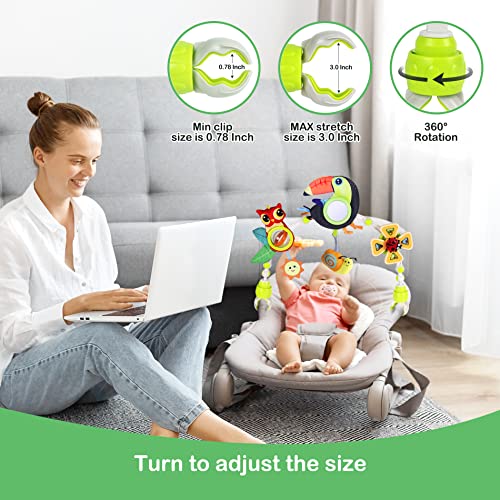 mihotoy Baby Stroller Arch Toy with Teether, Rattle, Crinkle Sound, Mirror & Music Box, Newborns Sensory Activity Carrier Take-Along Toy, Adjustable for Bouncers