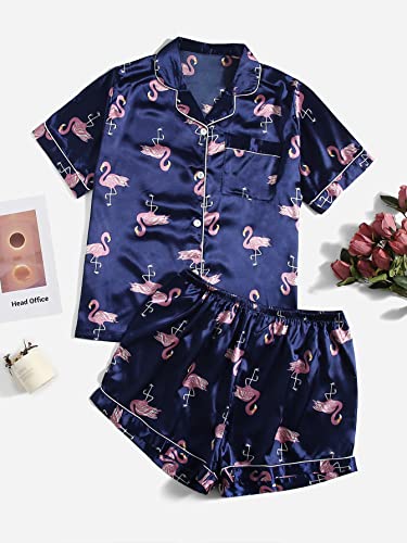 WDIRARA Women's Plus Size Satin Pajama Set Short Sleeve Button Down Pajamas Shirt and Short Sleepwear Navy Blue 4XL