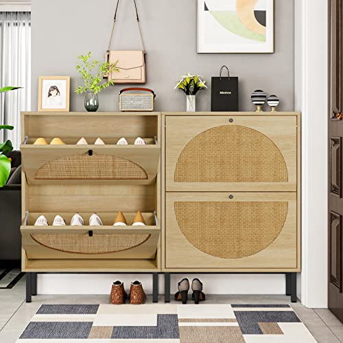 Yoluckea Rattan Shoe Cabinet, Shoe Cabinet Rack with Natural Rattan Weave Doors Design and 2 Flip Down Drawers, Narrow Shoe Cabinet with Metal Legs, Freestanding Wood Shoe Organizer (Light Brown)