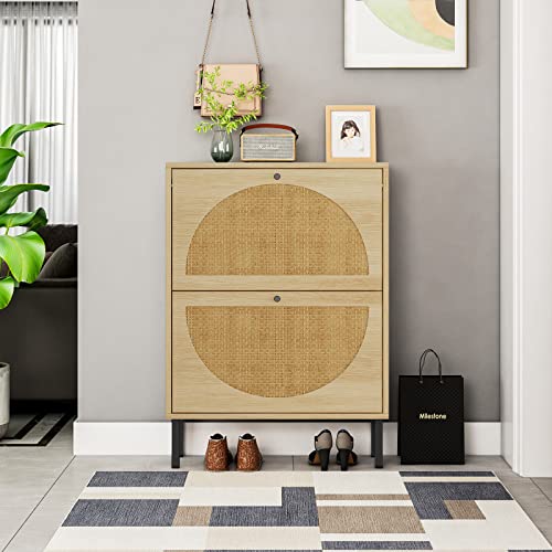 Yoluckea Rattan Shoe Cabinet, Shoe Cabinet Rack with Natural Rattan Weave Doors Design and 2 Flip Down Drawers, Narrow Shoe Cabinet with Metal Legs, Freestanding Wood Shoe Organizer (Light Brown)