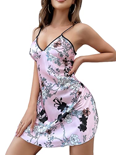 WDIRARA Women's Satin Nightgown Floral Backless V Neck Chemise Sleepwear Short Night Dress Pink L