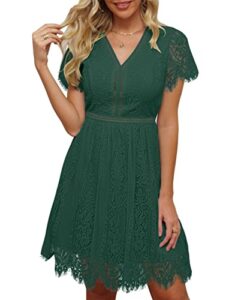 merokeety women's short sleeve lace floral swing dress elegant wedding guest bridesmaid dress, darkgreen, l