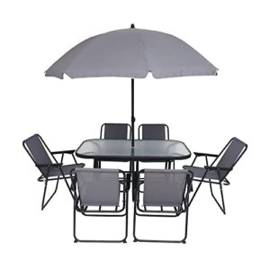 joytio folding patio dining set, garden patio furniture set, 8-piece outdoor dining set with tilted removable umbrella, 6 folding chairs, and 1 rectangular tempered glass table – grey