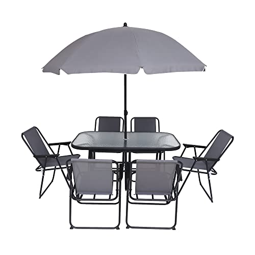 JOYTIO Folding Patio Dining Set, Garden Patio Furniture Set, 8-Piece Outdoor Dining Set with Tilted Removable Umbrella, 6 Folding Chairs, and 1 Rectangular Tempered Glass Table – Grey