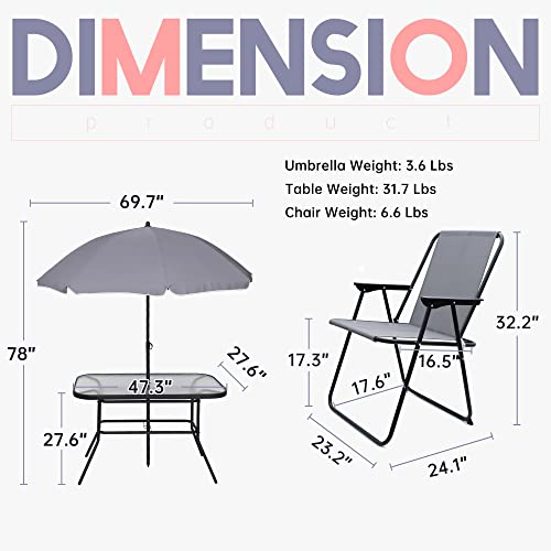 JOYTIO Folding Patio Dining Set, Garden Patio Furniture Set, 8-Piece Outdoor Dining Set with Tilted Removable Umbrella, 6 Folding Chairs, and 1 Rectangular Tempered Glass Table – Grey