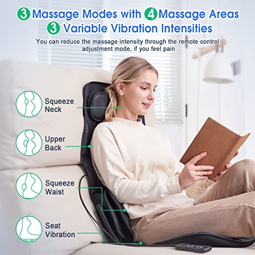 Back Massager with Compression Vibration Massage Chair Pad with Adjustable Pillow Height, Seat Massager Cushion for Neck Back Waist Hip, Soft Leather Chair Massager Home Office Use 3 Mode 3 Intensitie