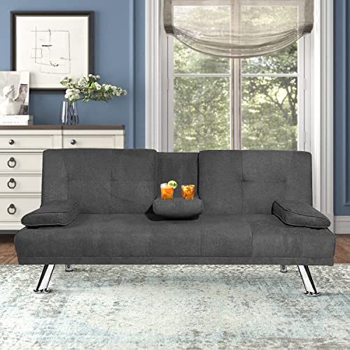 AWQM Modern Futon Sofa Bed Upholstered Convertible Folding Sofa Couch Sleeper for Compact Living Space, Apartment, Dorm,Removable Soft Armrest, 2 Cup Holders, 65.7" L x 18.5" D x 29.9" H, Dark Grey