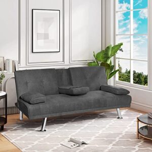 AWQM Modern Futon Sofa Bed Upholstered Convertible Folding Sofa Couch Sleeper for Compact Living Space, Apartment, Dorm,Removable Soft Armrest, 2 Cup Holders, 65.7" L x 18.5" D x 29.9" H, Dark Grey