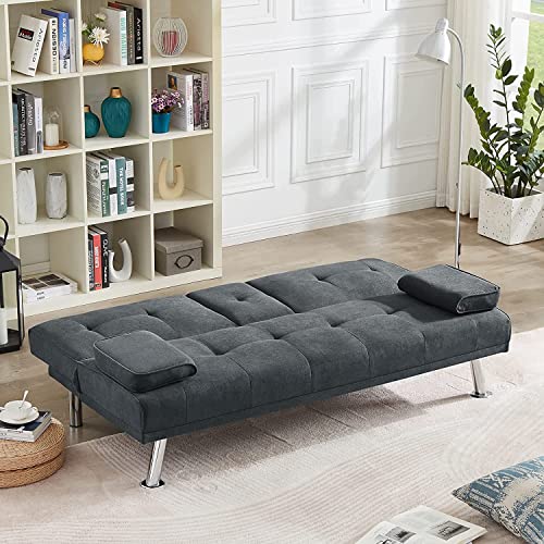 AWQM Modern Futon Sofa Bed Upholstered Convertible Folding Sofa Couch Sleeper for Compact Living Space, Apartment, Dorm,Removable Soft Armrest, 2 Cup Holders, 65.7" L x 18.5" D x 29.9" H, Dark Grey