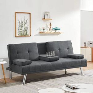 AWQM Modern Futon Sofa Bed Upholstered Convertible Folding Sofa Couch Sleeper for Compact Living Space, Apartment, Dorm,Removable Soft Armrest, 2 Cup Holders, 65.7" L x 18.5" D x 29.9" H, Dark Grey