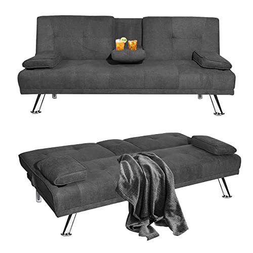 AWQM Modern Futon Sofa Bed Upholstered Convertible Folding Sofa Couch Sleeper for Compact Living Space, Apartment, Dorm,Removable Soft Armrest, 2 Cup Holders, 65.7" L x 18.5" D x 29.9" H, Dark Grey