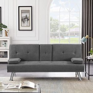 AWQM Modern Futon Sofa Bed Upholstered Convertible Folding Sofa Couch Sleeper for Compact Living Space, Apartment, Dorm,Removable Soft Armrest, 2 Cup Holders, 65.7" L x 18.5" D x 29.9" H, Dark Grey