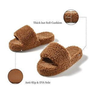 posee Fuzzy Memory Foam Slippers for Women, Fluffy Open Toe Slippers Curly Fur Cozy Flat Spa Slide Slippers Comfy Soft Non-Slip House Shoes Indoor and Outdoor, Warm Gift