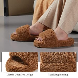 posee Fuzzy Memory Foam Slippers for Women, Fluffy Open Toe Slippers Curly Fur Cozy Flat Spa Slide Slippers Comfy Soft Non-Slip House Shoes Indoor and Outdoor, Warm Gift