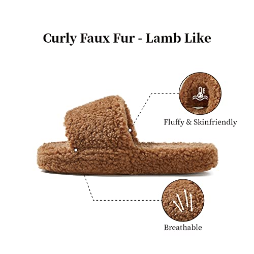 posee Fuzzy Memory Foam Slippers for Women, Fluffy Open Toe Slippers Curly Fur Cozy Flat Spa Slide Slippers Comfy Soft Non-Slip House Shoes Indoor and Outdoor, Warm Gift