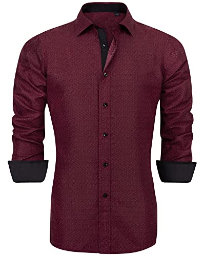 J.VER Men's Casual Long Sleeve Dress Shirt Print Business Button Down Shirts Burgundy 3X-Large