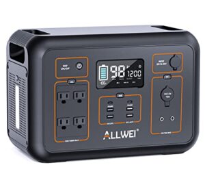 allwei portable power station 1200w(2400w surge), 1132wh solar generator with 4 120v ac outlet, 6 usb pd60w, 306000mah backup lithium battery for home outdoor camping fishing emergency power outage