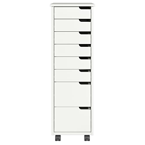 Adeptus Original Euro Roll Cart, Solid Wood, 6+2 Drawer Narrow Drawers Roll Carts, White