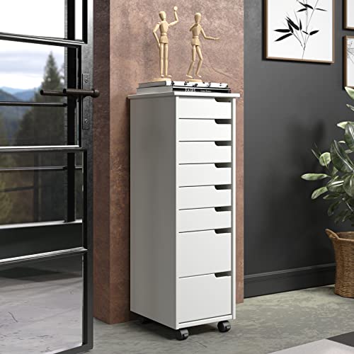 Adeptus Original Euro Roll Cart, Solid Wood, 6+2 Drawer Narrow Drawers Roll Carts, White