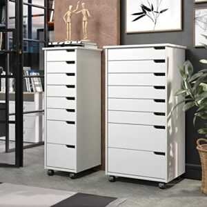 Adeptus Original Euro Roll Cart, Solid Wood, 6+2 Drawer Narrow Drawers Roll Carts, White