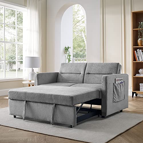 Polibi 54.5'' Modern Convertible Sleeper Sofa Bed with Two Arm Pockets, Fabric Sofa w/Pull-Out Bed Loveseat Sofa Couch and Adjustable Back for Living Room (Grey)