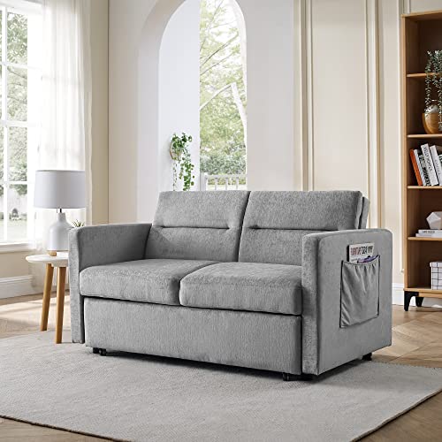 Polibi 54.5'' Modern Convertible Sleeper Sofa Bed with Two Arm Pockets, Fabric Sofa w/Pull-Out Bed Loveseat Sofa Couch and Adjustable Back for Living Room (Grey)