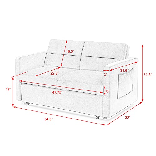 Polibi 54.5'' Modern Convertible Sleeper Sofa Bed with Two Arm Pockets, Fabric Sofa w/Pull-Out Bed Loveseat Sofa Couch and Adjustable Back for Living Room (Grey)