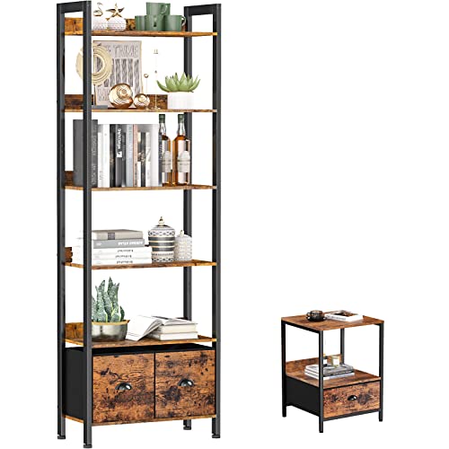 Furologee 6-Tier Bookshelf and Nightstand Set, Tall Bookcase and Rustic End Table with Fabric Drawers, Metal Frame, Rustic Brwon